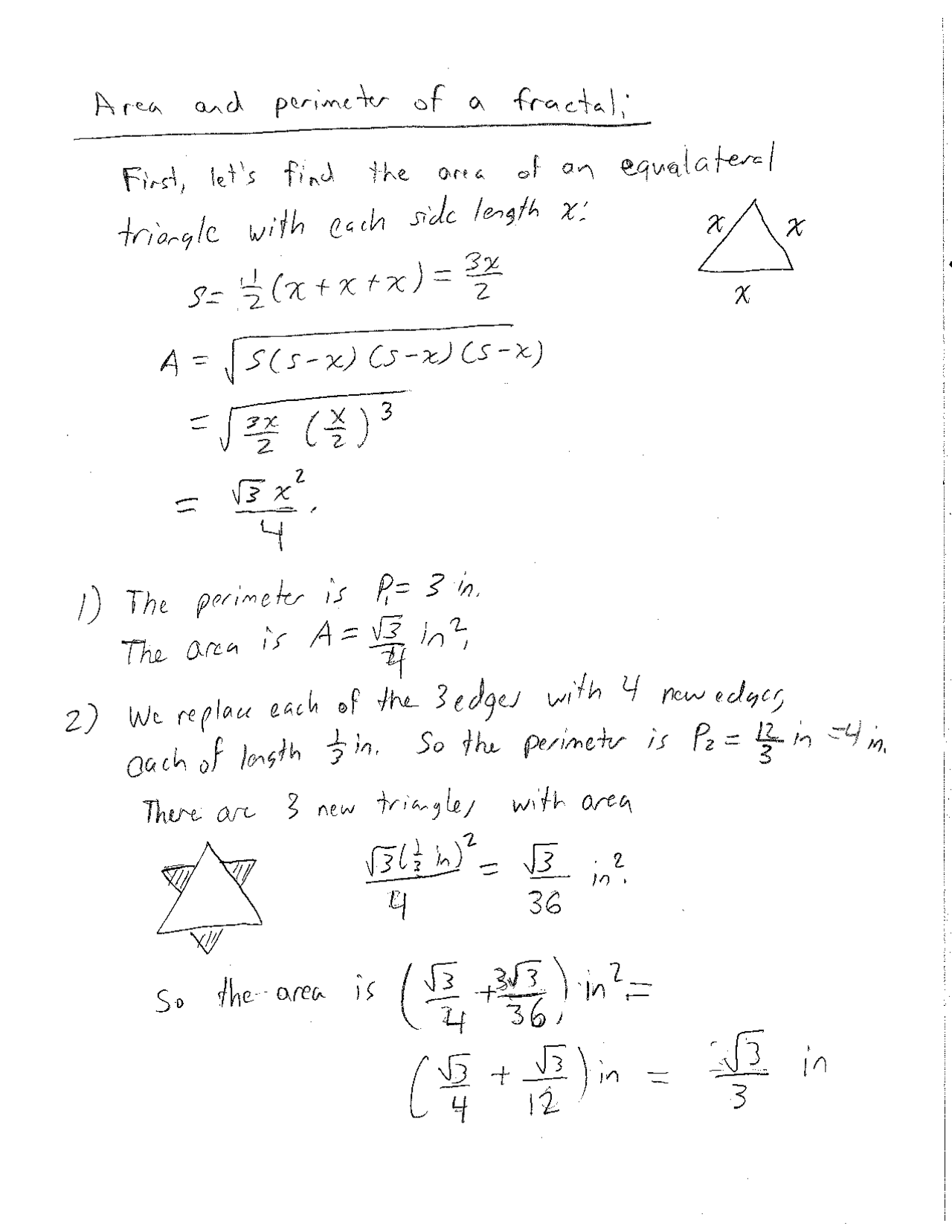 Handwritten Notes on Area and Perimeter of Fractal | MATH 106 - Docsity