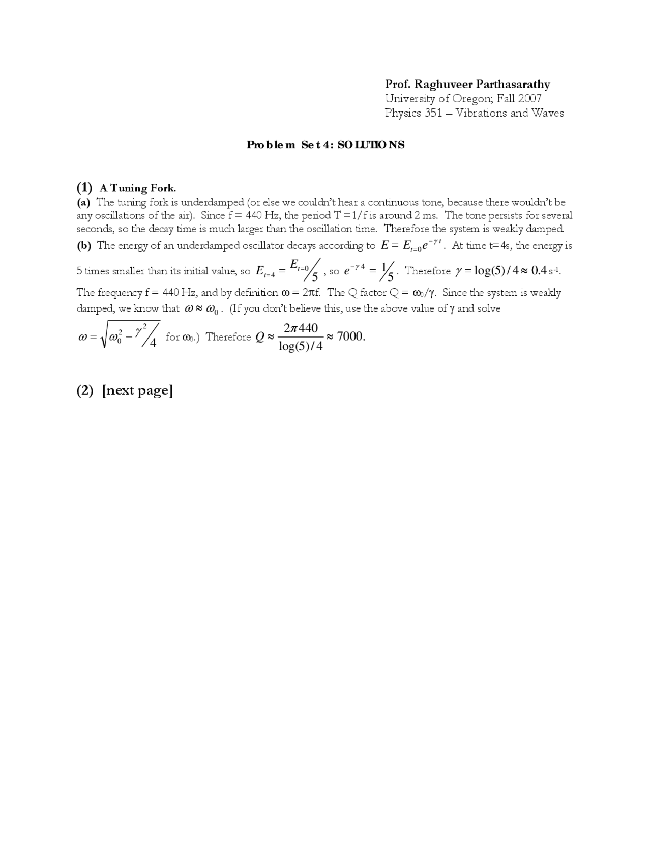 Solutions for Assignment 4 - Fundamentals of Physics II | PHYS 351 - Docsity