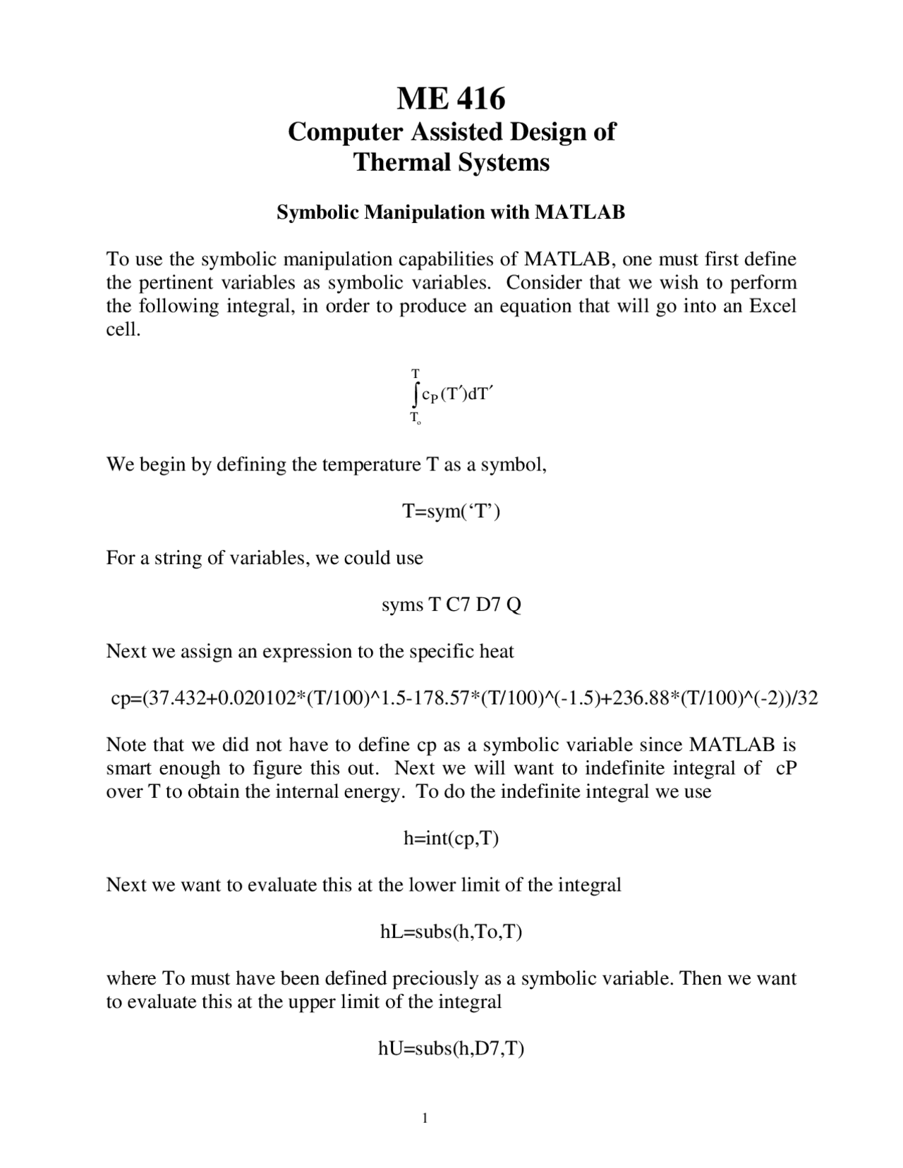 Computer Assisted Design Of Thermal System Class Notes Me 416 Docsity