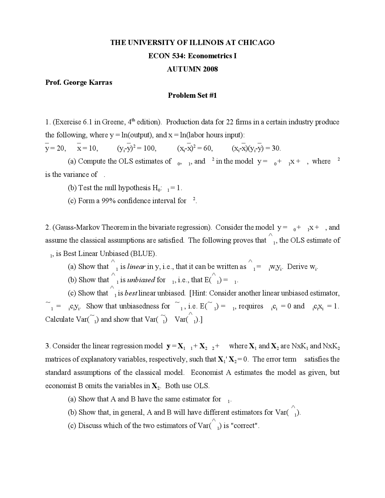 Problem Set For Econometrics I Autumn 2008 Econ 534 Docsity