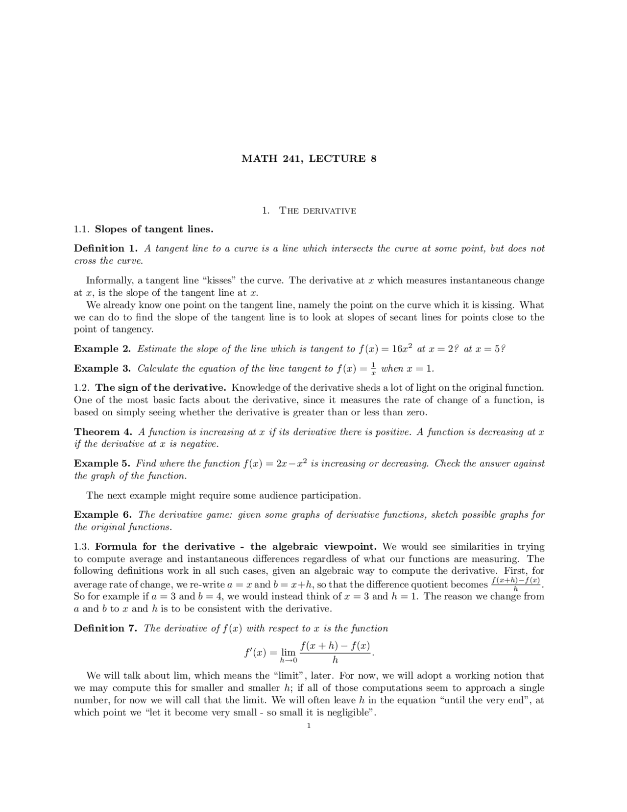 Notes On Slopes Of Tangent Lines The Derivative Math 241 Docsity