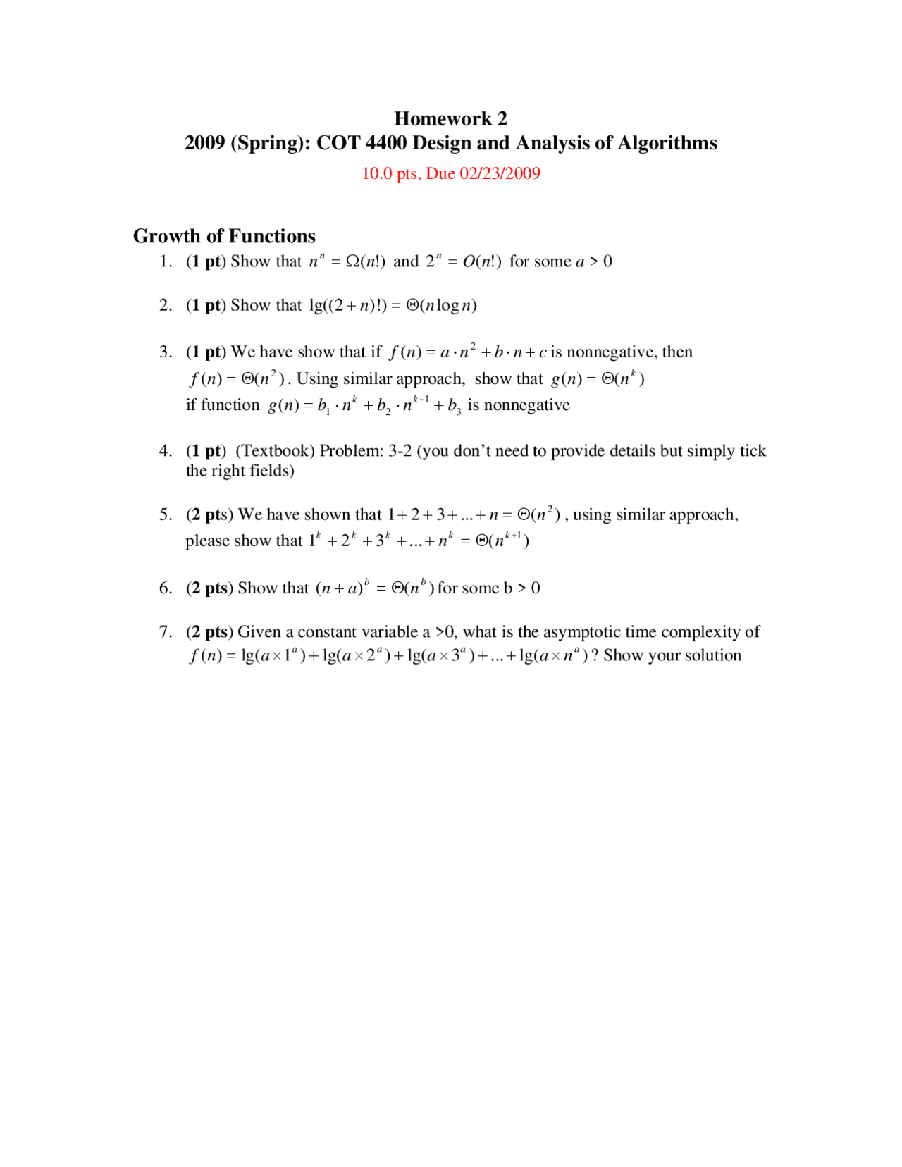 Homework 2 Questions Design And Analysis Of Algorithms Cot 4400