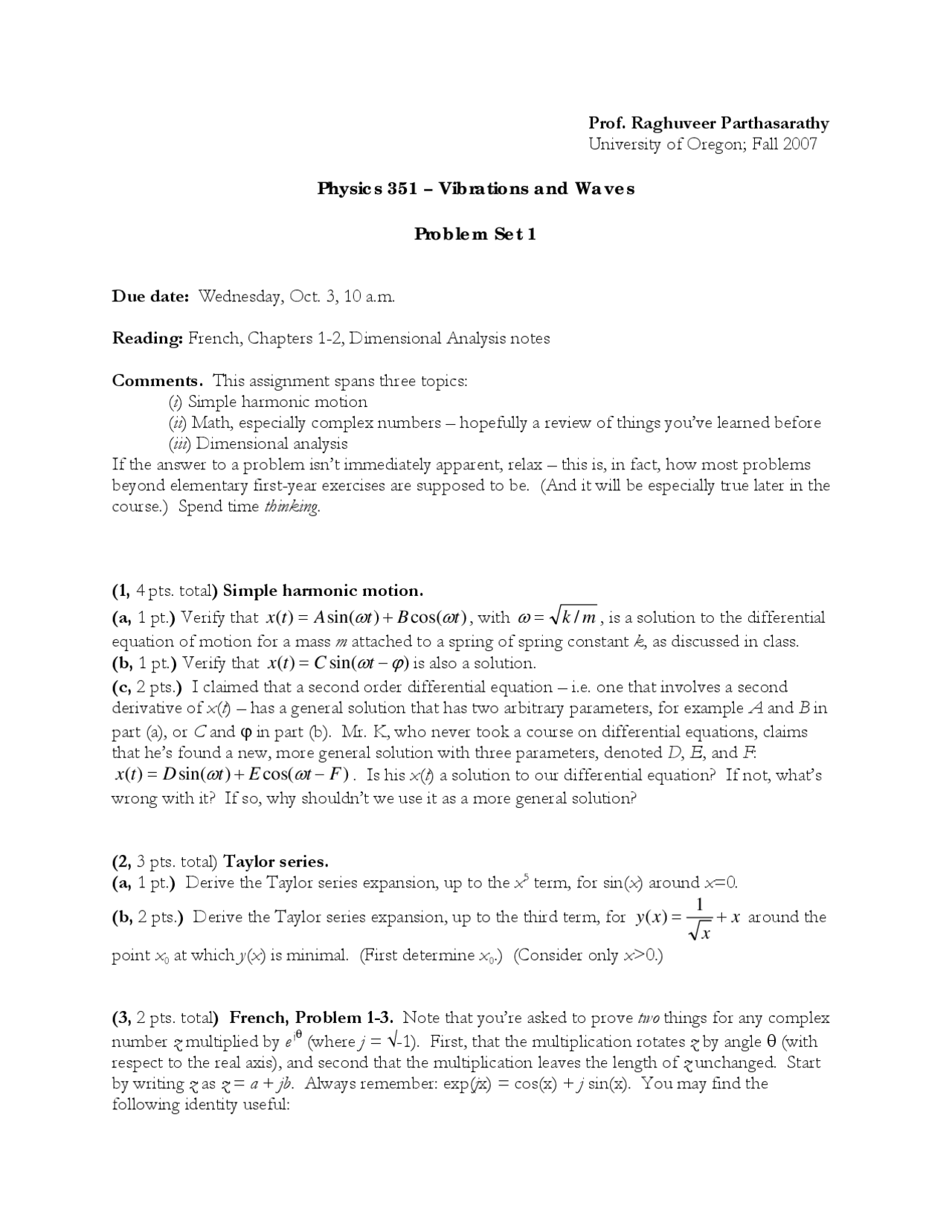 Problem Set 1 Fundamentals Of Physics Ii Phys 351 Docsity