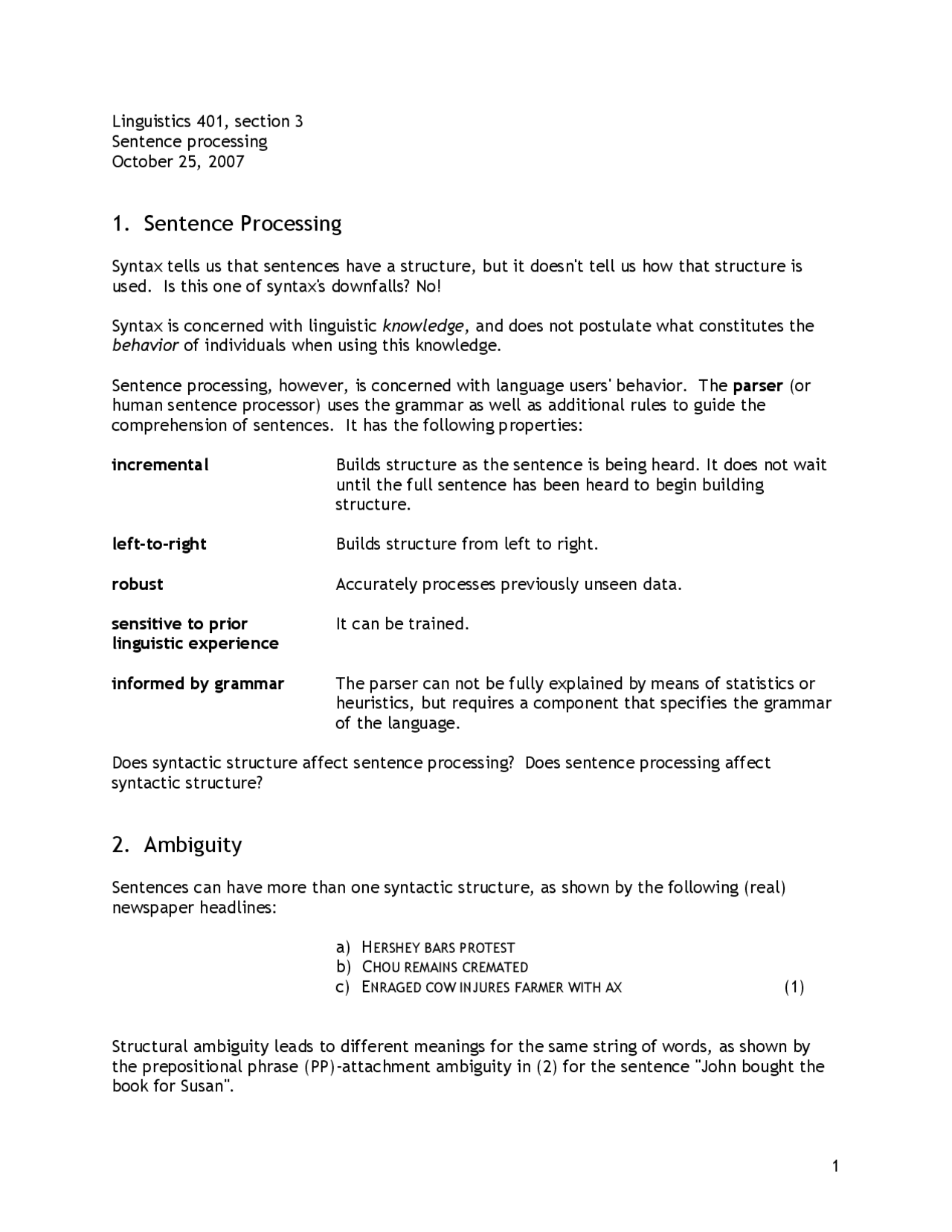 Sentence Processing Lecture Handout Introduction To Linguistics