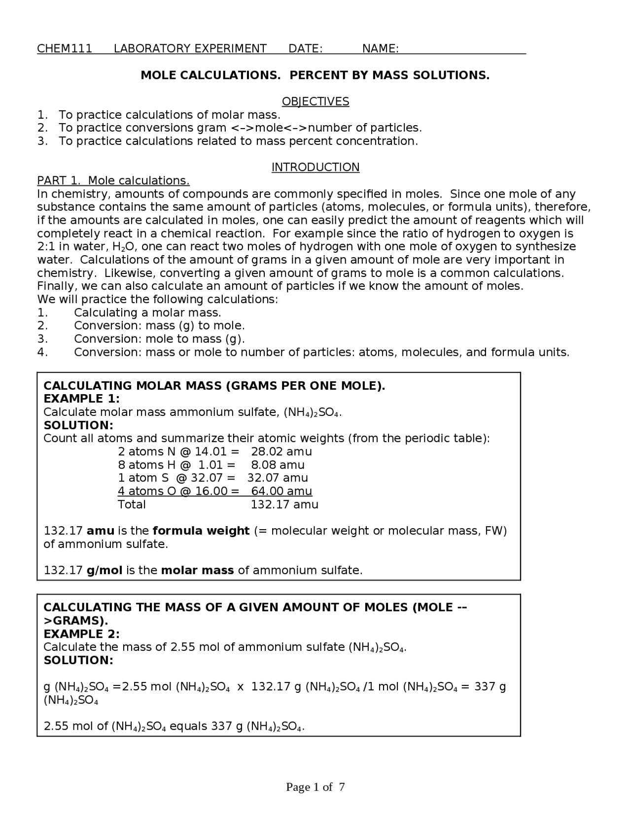 Mole Calculations, Percent by Mass Solutions - Lab Experiment | CHEM ...