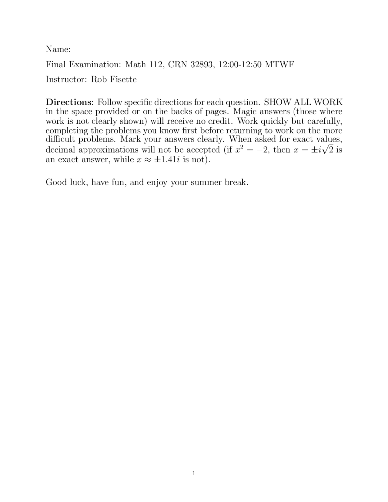 16 Problems for Final Examination - Elementary Functions | MATH 112 | Exams Mathematics | Docsity