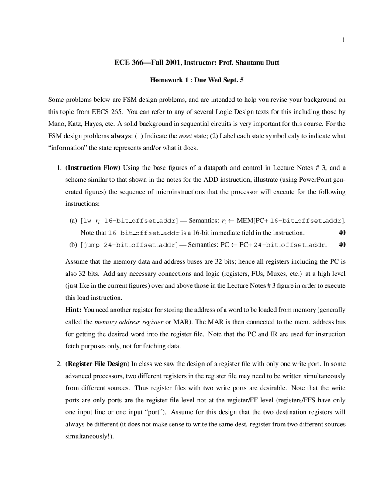 ECE 366 Fall 2001 Homework: Instruction Flow, Register File Design, and FSM Design | Assignments ...