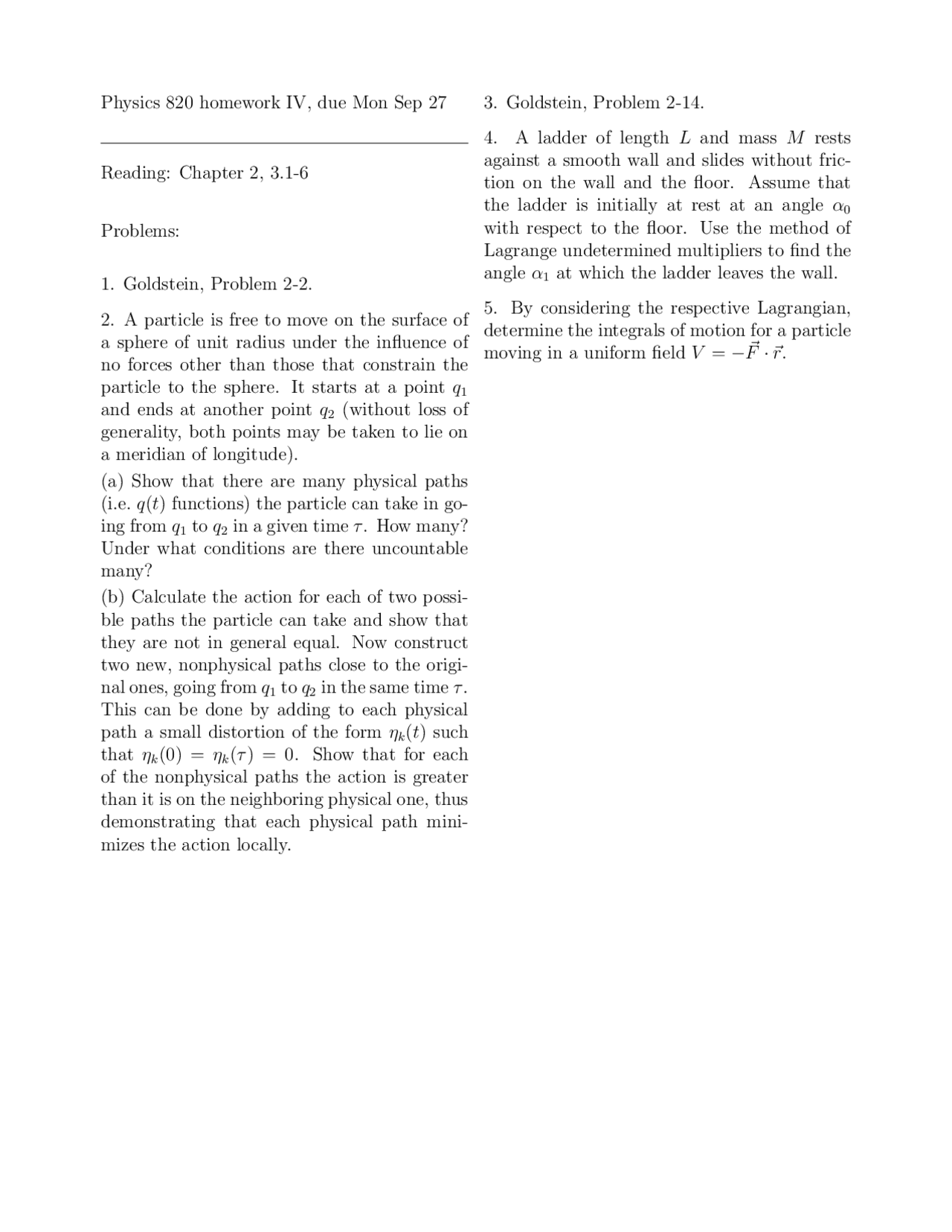 5 Questions in Homework IV for Classical Mechanics | PHY 820 | Assignments Mechanics | Docsity