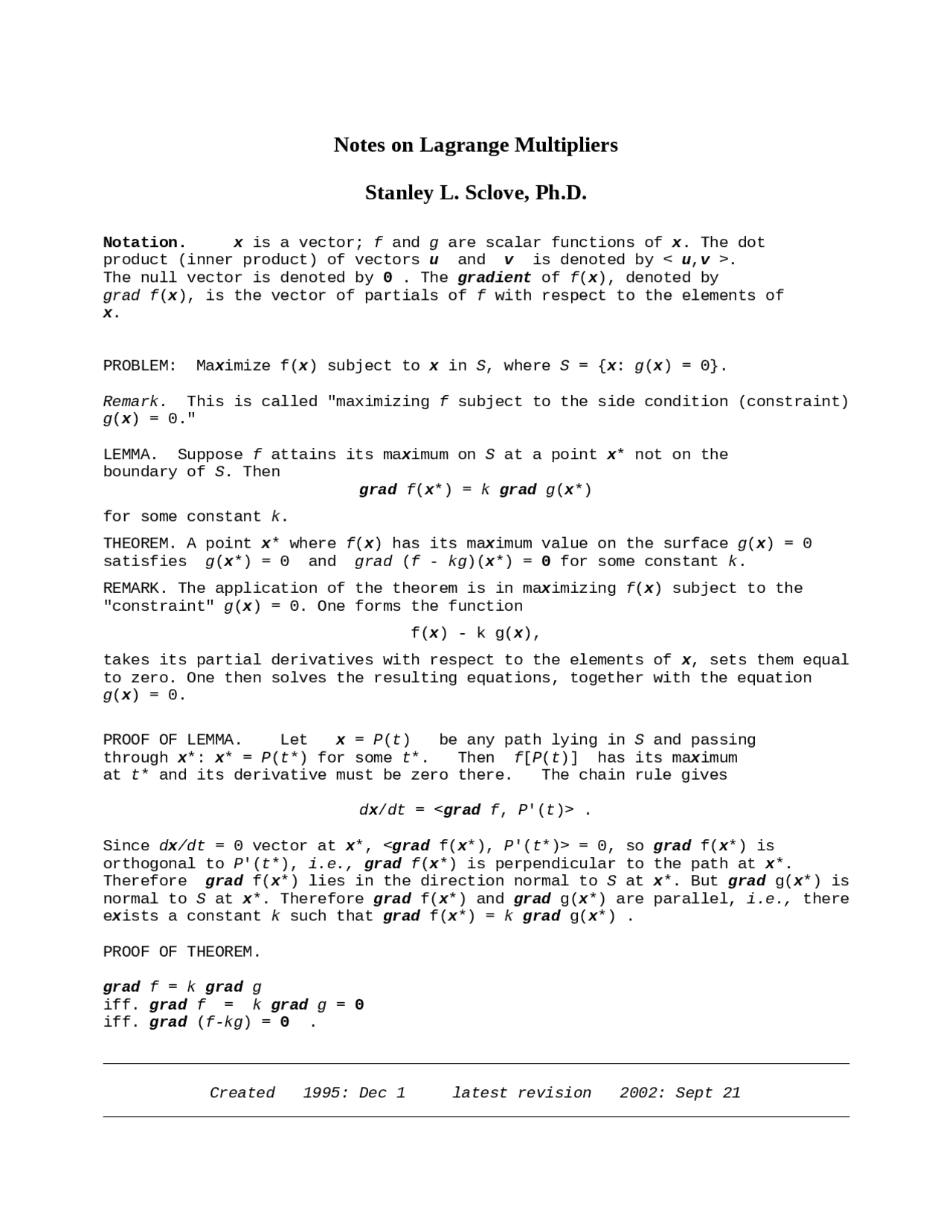 Lecture Notes On Lagrange Multipliers Ids 594 Docsity