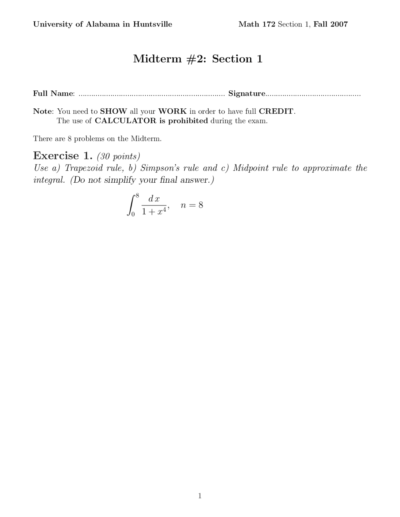 Practice Midterm 2 Section 1 Calculus B Fall 2007 Ma 172 Docsity