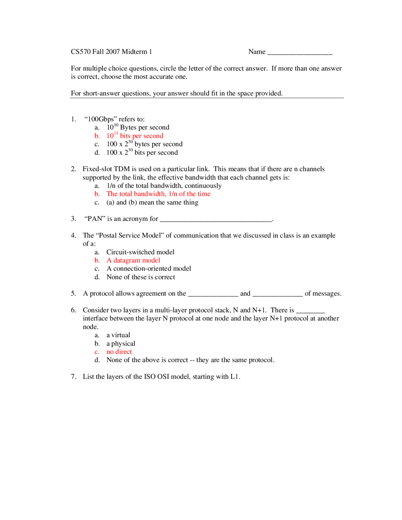 60 Mcqs On Introduction To Computer Networks Midterm Exam 1 Cs 570 Docsity