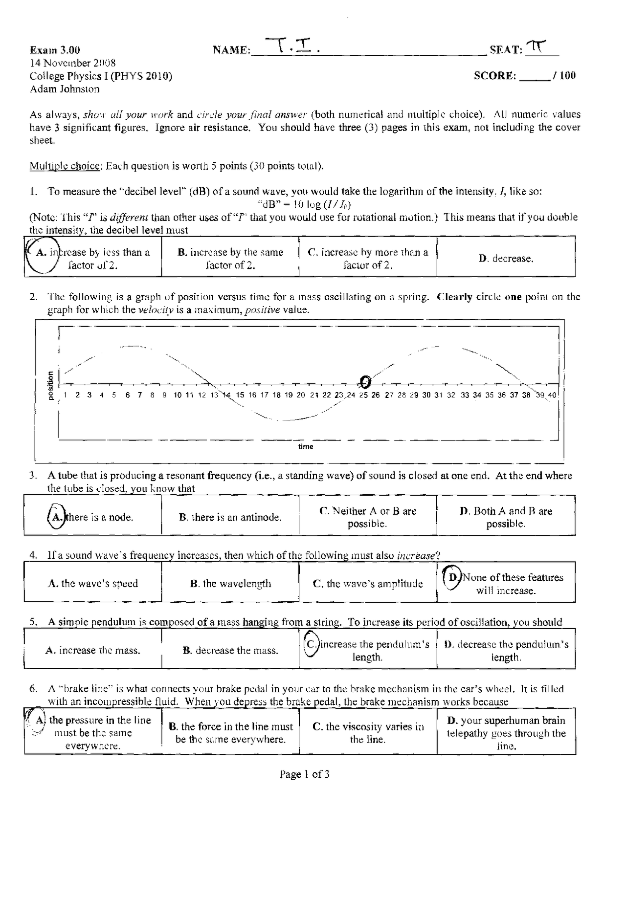 Exam 3 With Solutions College Physics I Phys 2010 Docsity