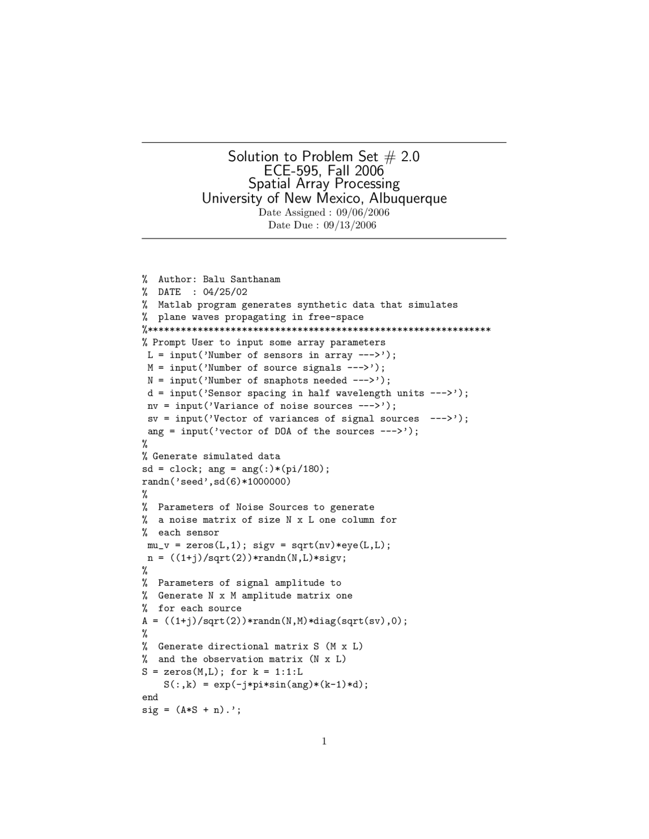 Doa Estimation With Spatial Array Processing Solution To Ece 595 Problem Set 20 Unm P