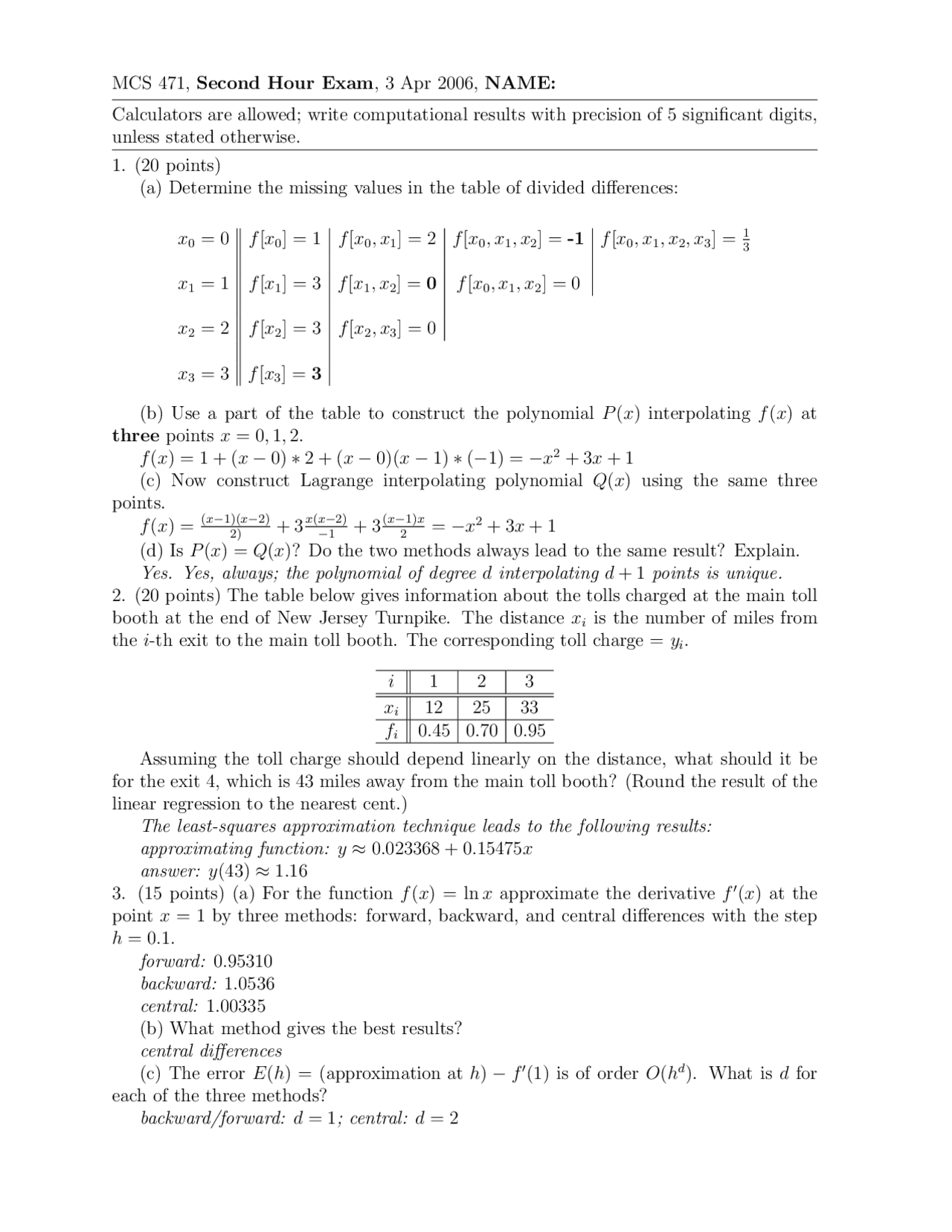 Second Exam With Solutions Numerical Analysis Mcs 471 Docsity