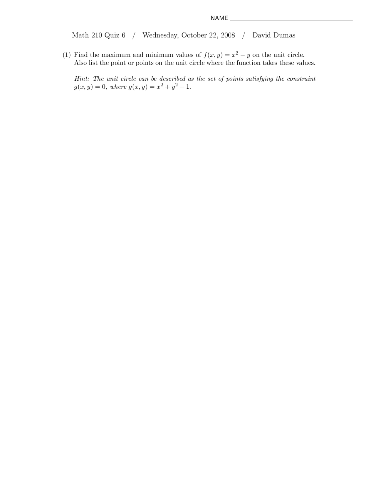 Practice Questions On Calculus Iii Quiz 6 Math 210 Docsity