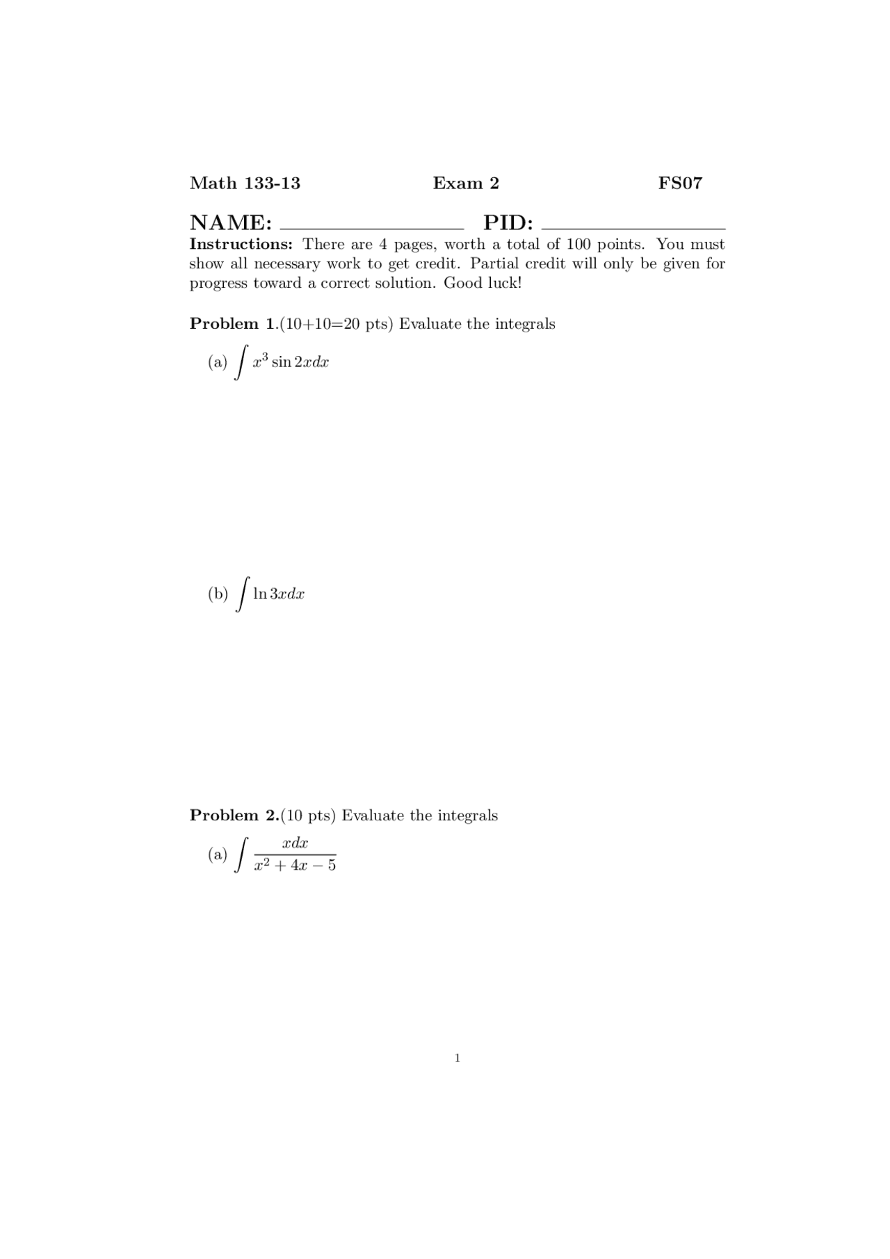 Exam 2 Questions Calculus Ii Mth 133 Docsity