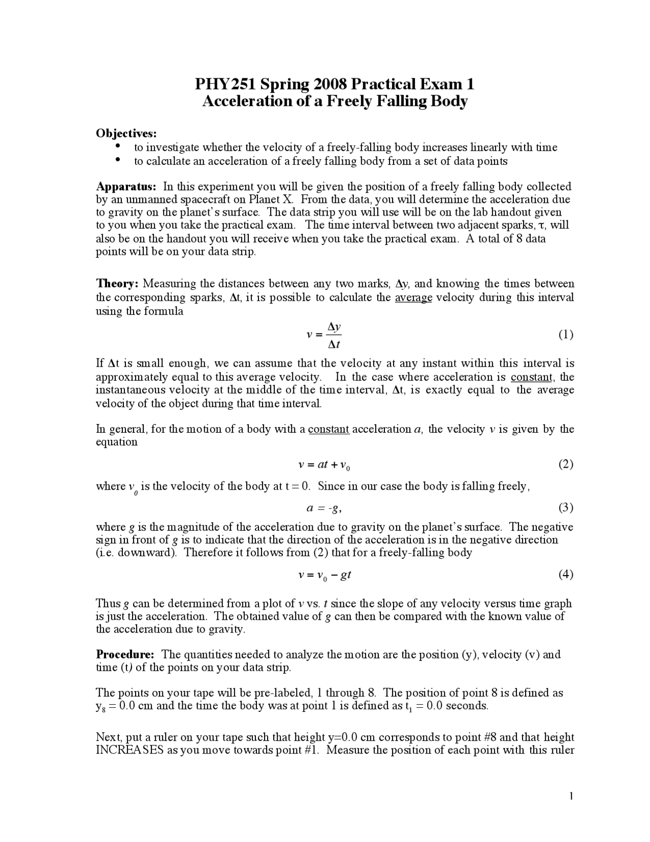 Practical Exam 1 Acceleration Of A Freely Falling Body Phy 251 Docsity