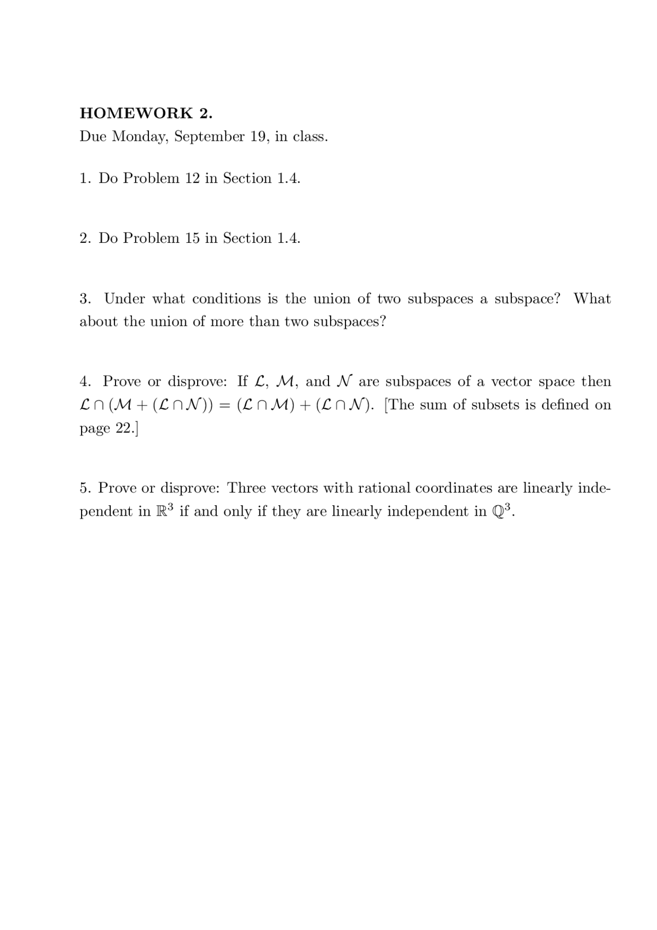 5 Practice Problems On Linear Algebra Homework 2 Math 5300 Docsity