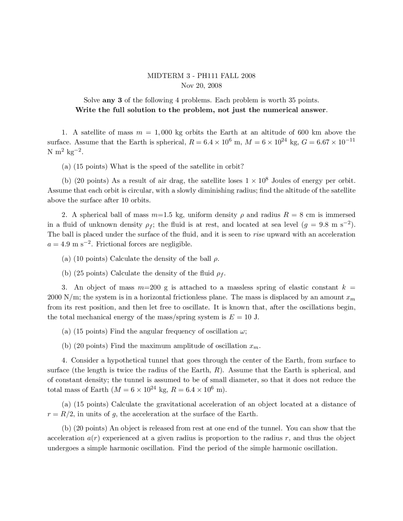 Midterm 3 PH111 Fall 2008 Exam Questions and Solutions | Exams Physics | Docsity