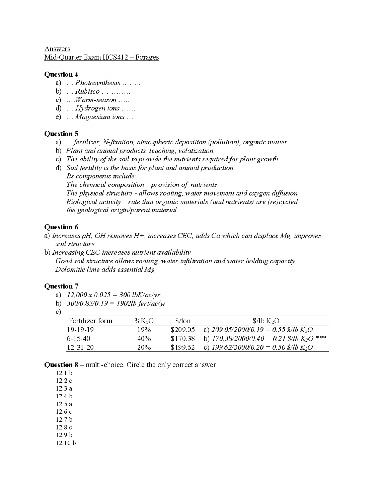 13 Questions on Midterm Exam for Forage Crops | HCS 412 | Exams ...