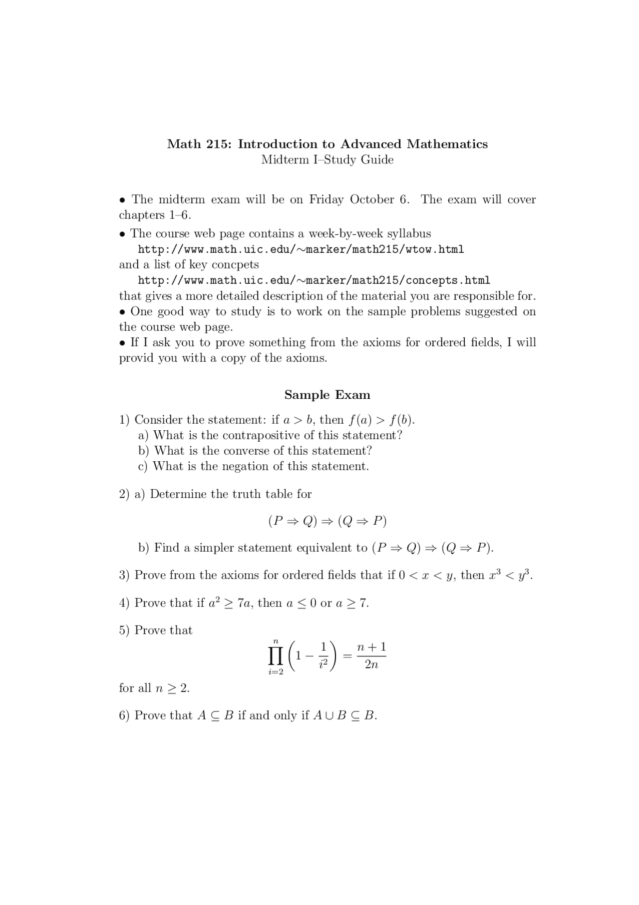 Introduction to Advanced Mathematics - Midterm 1 Study Guide | MATH 215 - Docsity