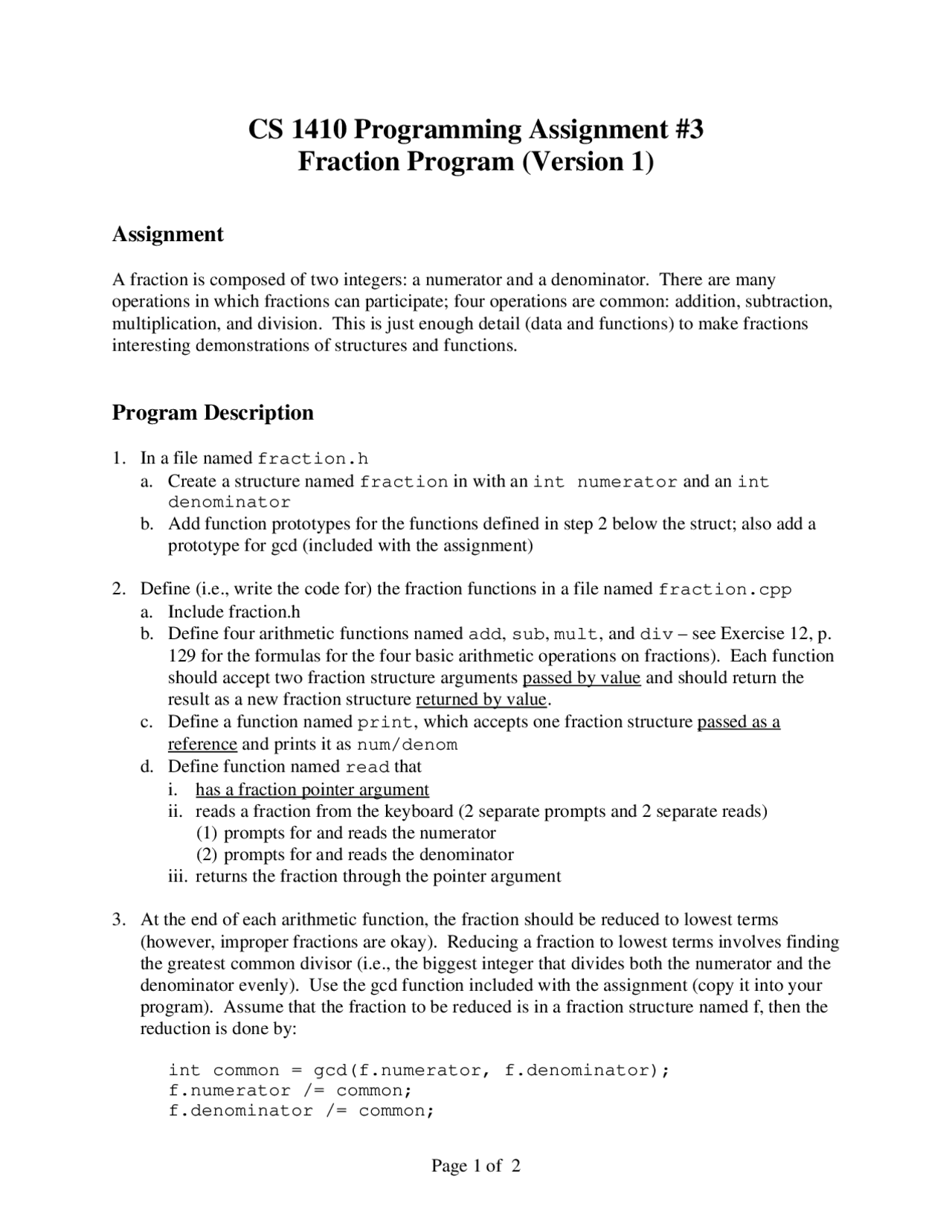 Fraction Program Version I Programming Assignment 3 Cs 1410 Docsity