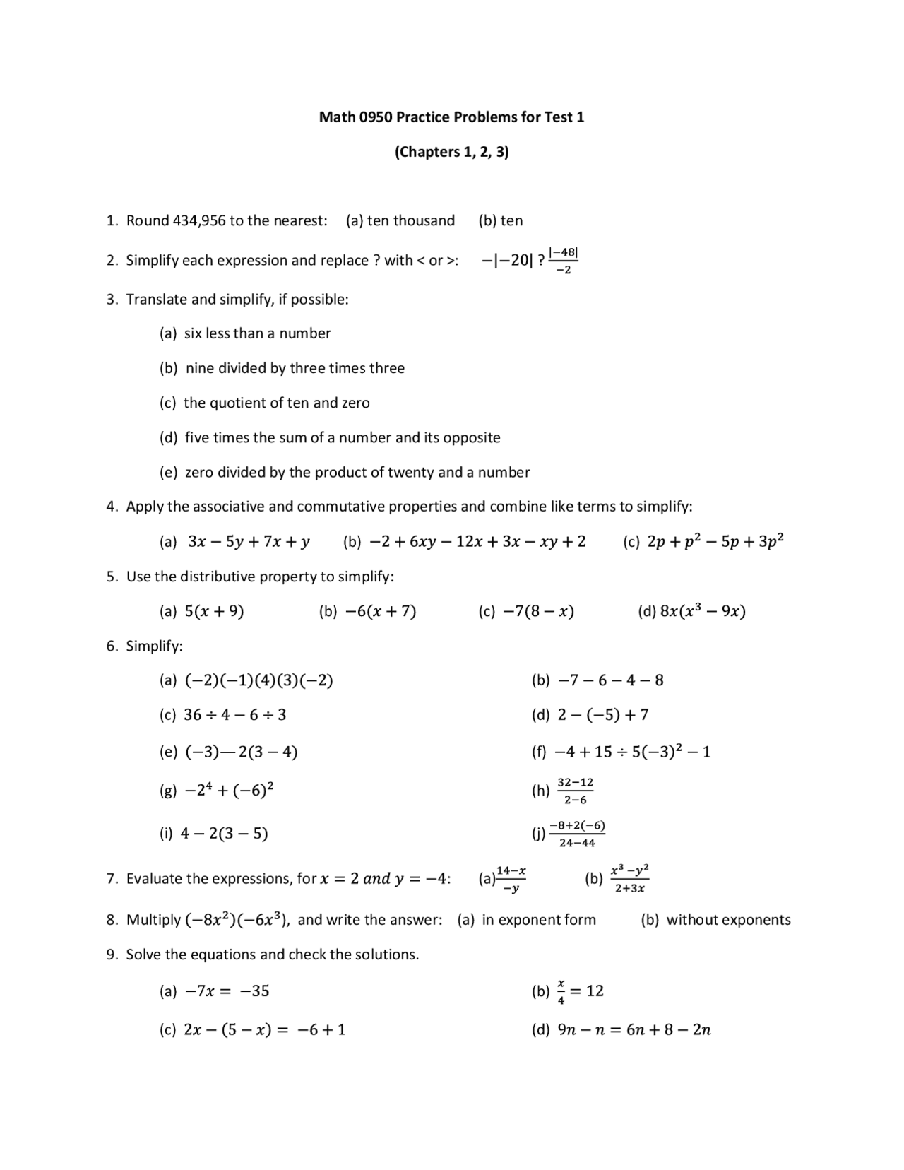 Practice Problems for Test 1 - Pre-Algebra | MATH 0950 - Docsity