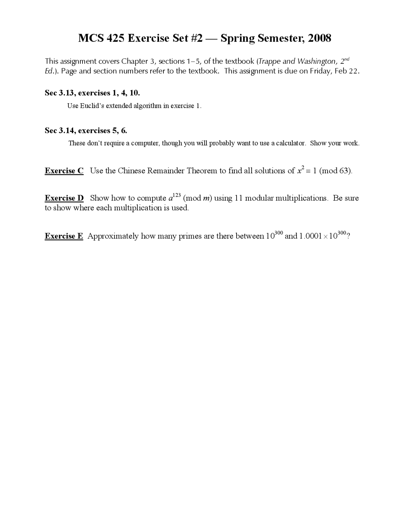 Exercise Set #2 - Codes and Cryptography | MCS 425 - Docsity