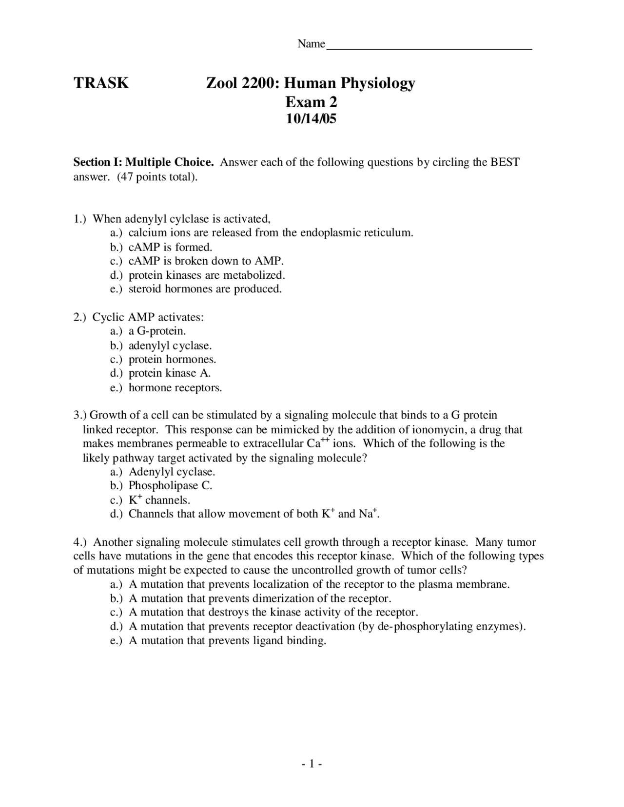 60 Questions on Human Physiology - Exam 2 | ZOOL 2200 | Exams ...