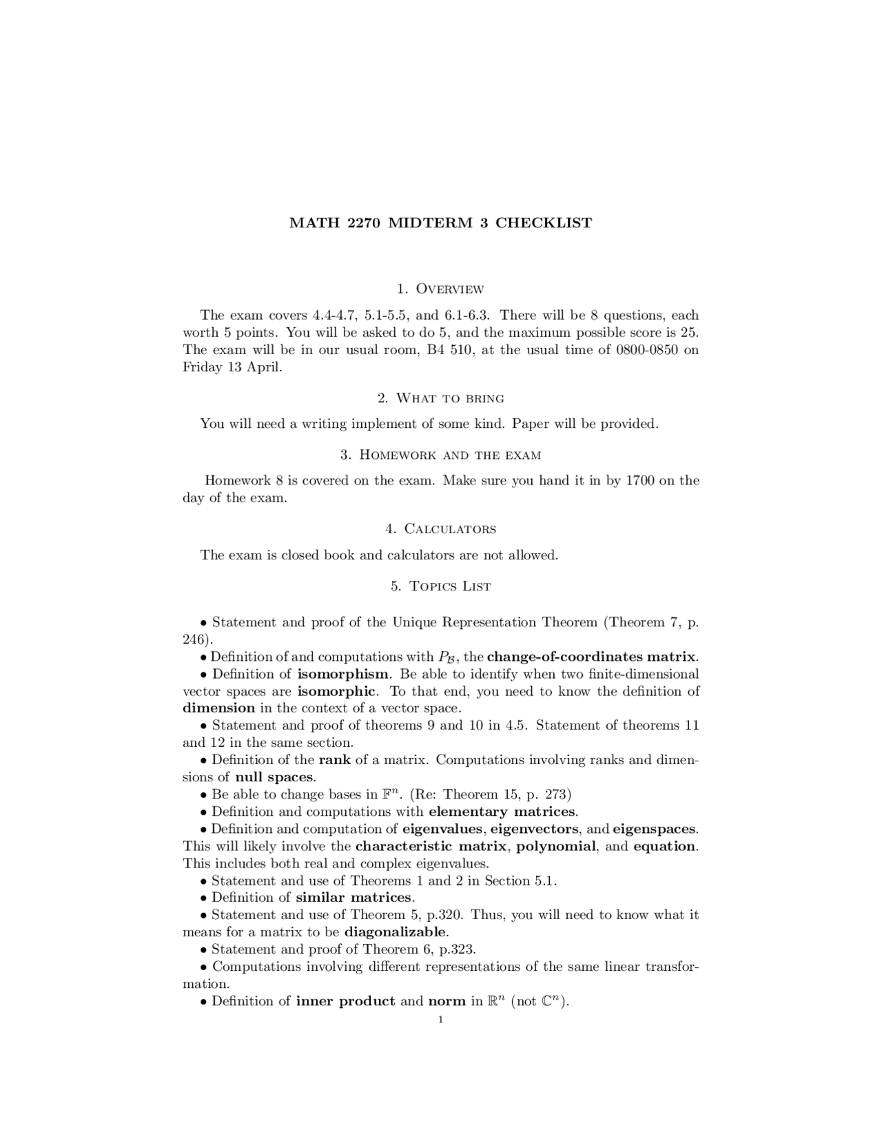 Midterm 3 Checklist Elementary Linear Algebra Math 2270 Docsity