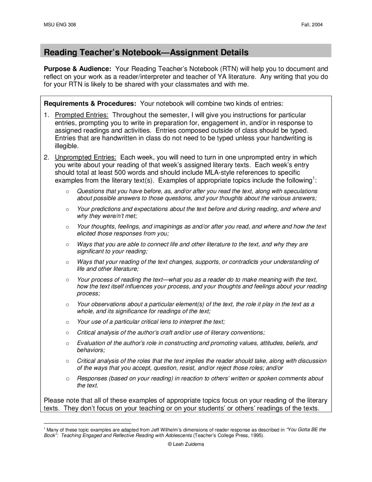 Reading Teachers Notebook Assignment Details Eng 308 Docsity