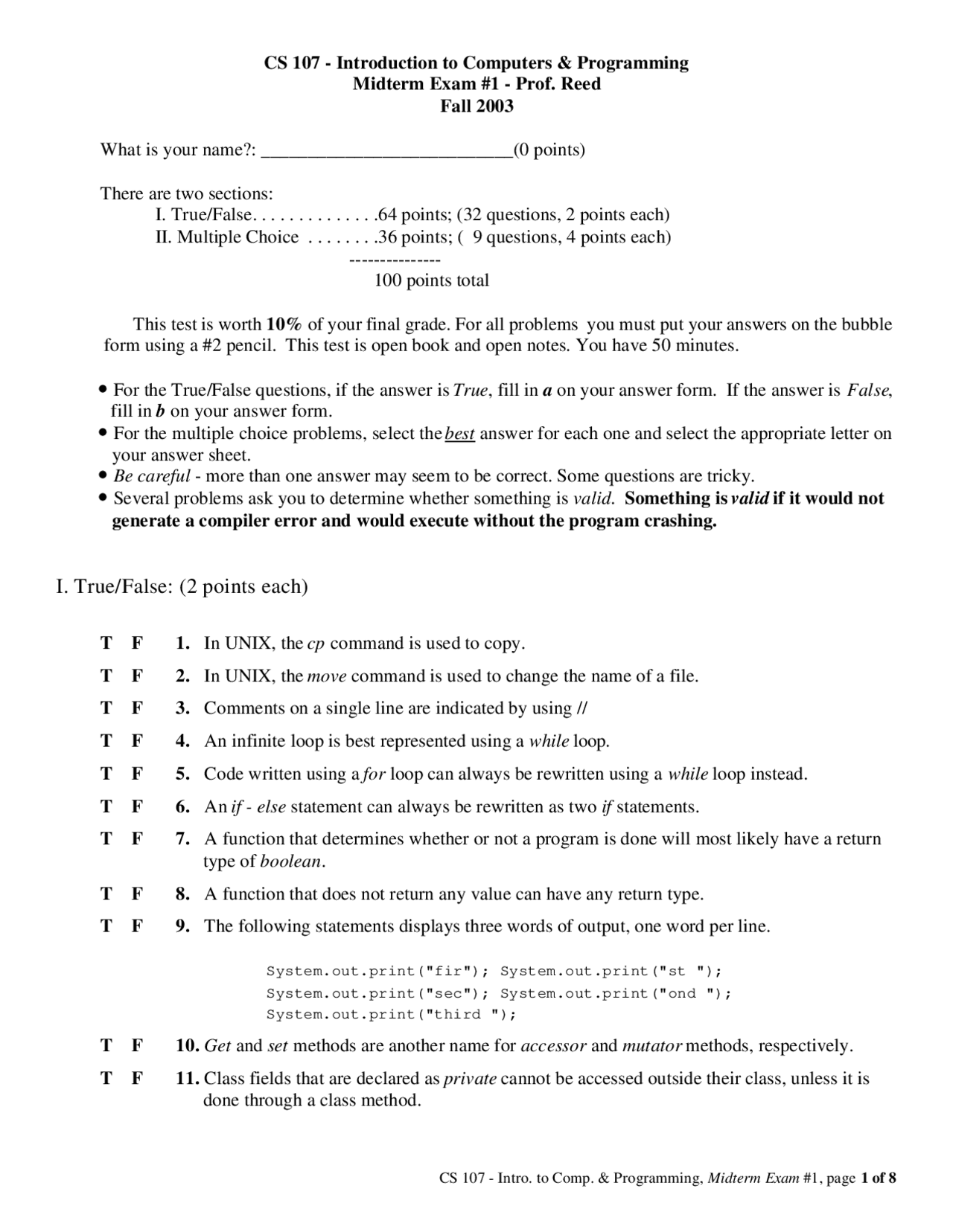 Midterm Exam 1 - Introduction to Computing and Programming | CS 107 - Docsity