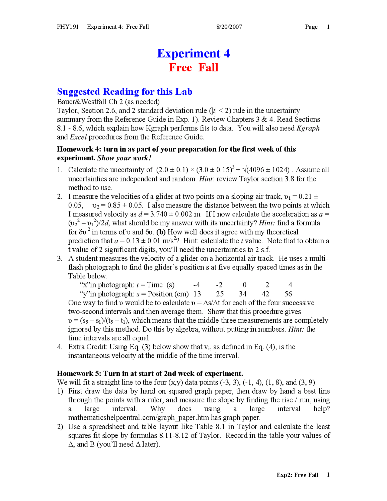 Goals And Theoretical Introduction Assignment 4 Phy 191 Docsity
