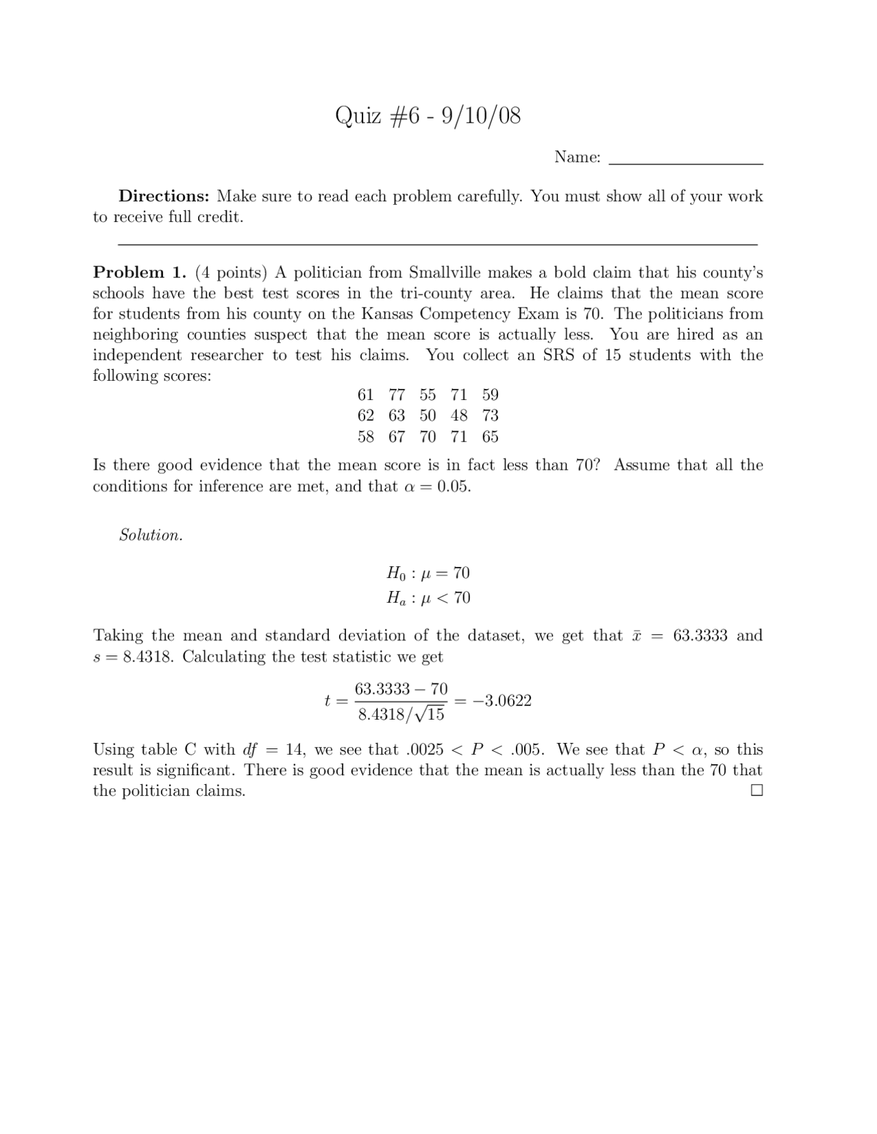 Quiz Solutions for Statistics: Mean Test Scores and Significant ...