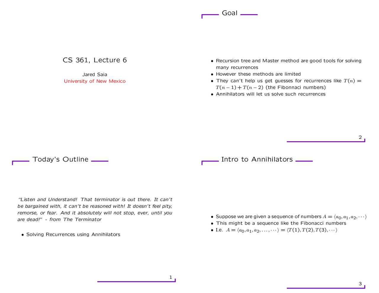 Solving Recurrences Using Annihilators Lecture Slides Cs 361l Docsity 5123