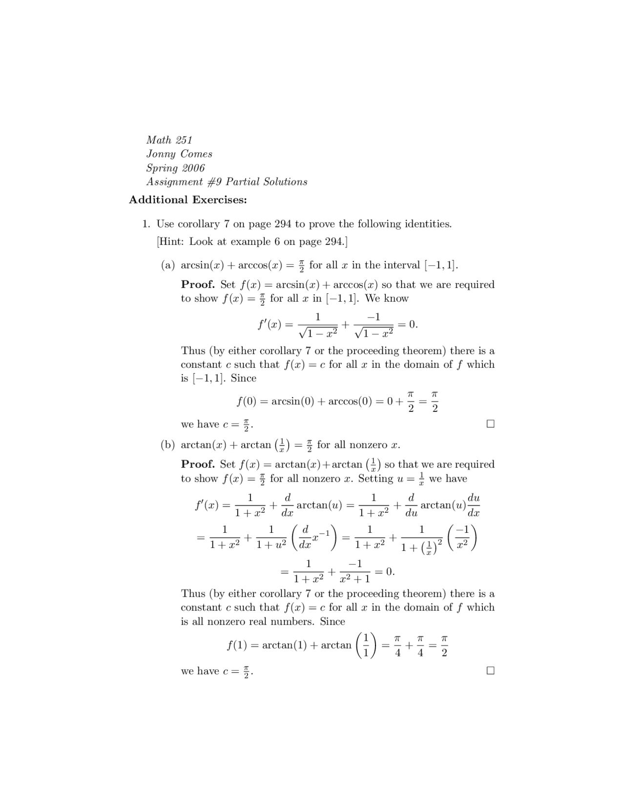 Partial Solutions For Assignment 9 Calculus I Math 251 Docsity