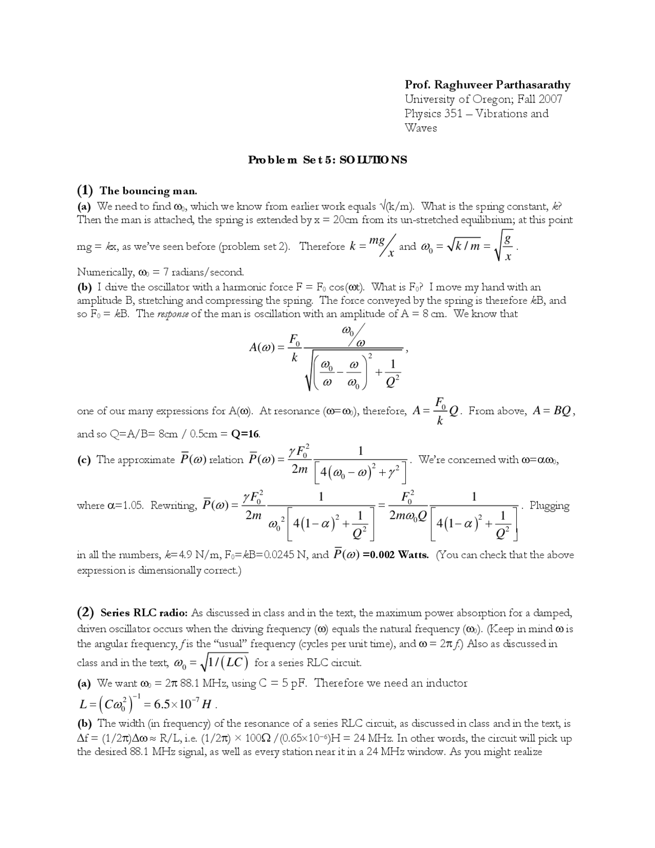 Fundamentals Of Physics Ii Problem Set 5 Solutions Phys 351 Docsity