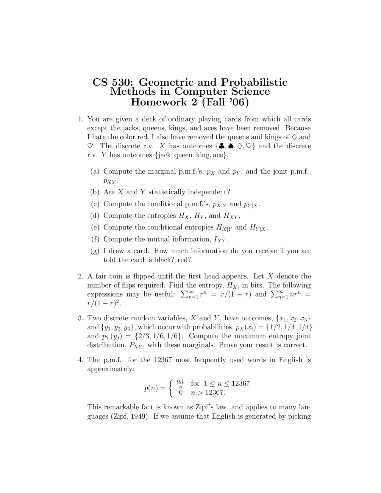 Probability and Entropy in Computer Science | Assignments Computer Science | Docsity