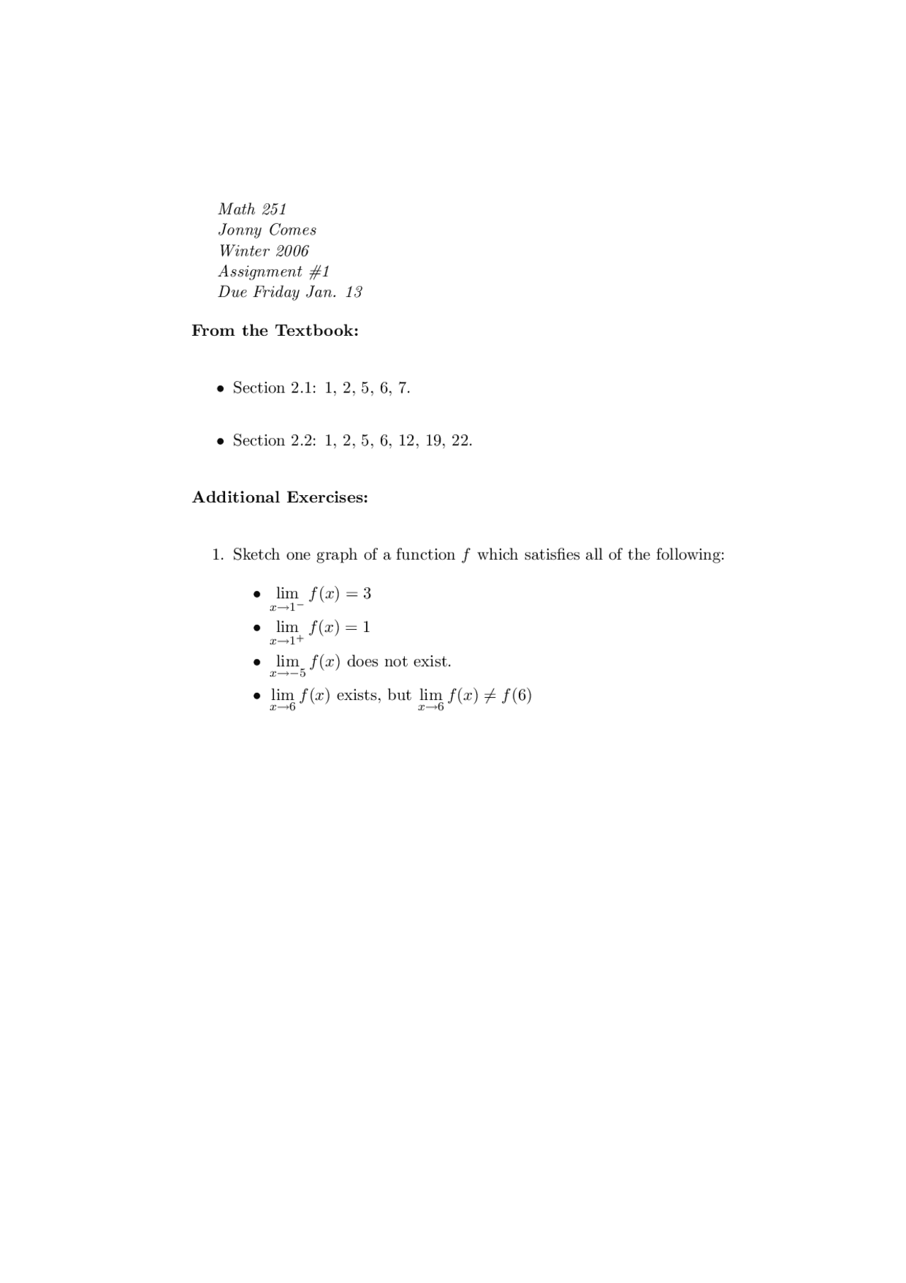 Math 251 Assignment #1 for Jonny - Winter 2006 - Prof. Jonathan Comes | Assignments Calculus ...