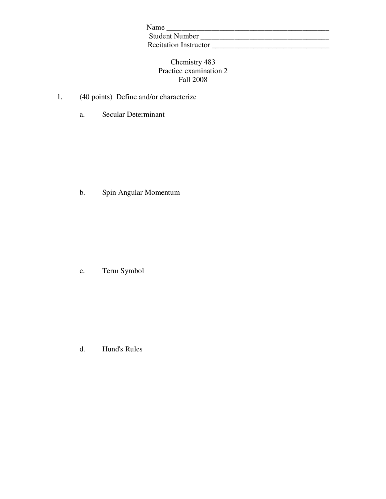 Practice Questions For Exam 2 Quantum Chemistry Cem 483 Docsity