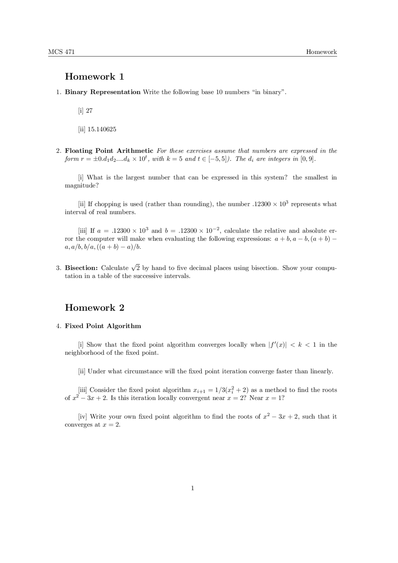 Binary Representation, Floating Point Arithmetic - Homework 1 | MCS 471 - Docsity