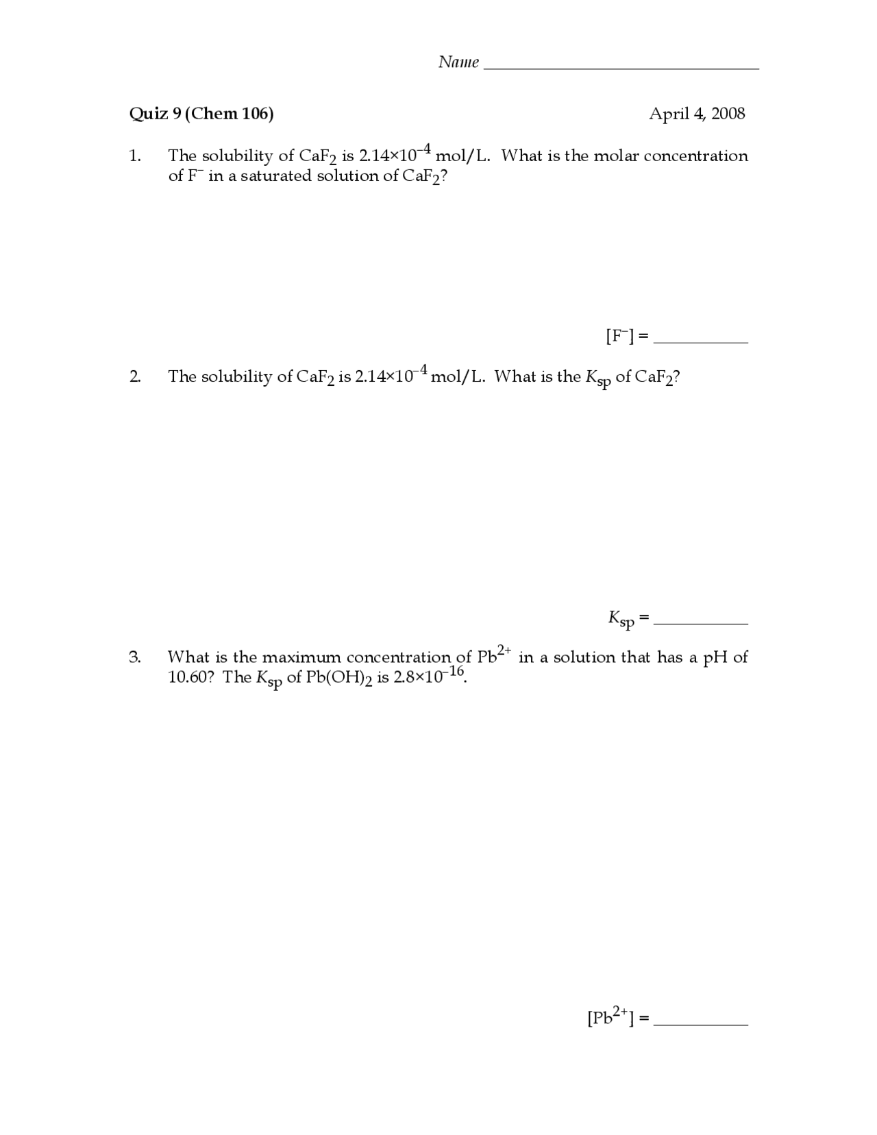 Unsolved Quiz General Chemistry Ii Chem 106 Docsity