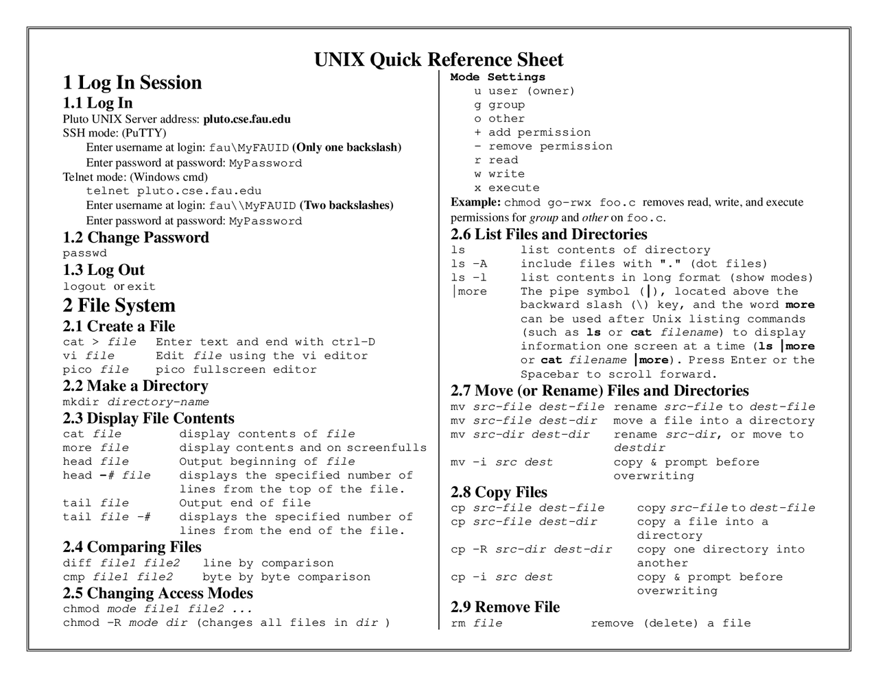 Unix Quick Reference Sheet Foundation Of Computer Science Lab Cot 3002l Docsity