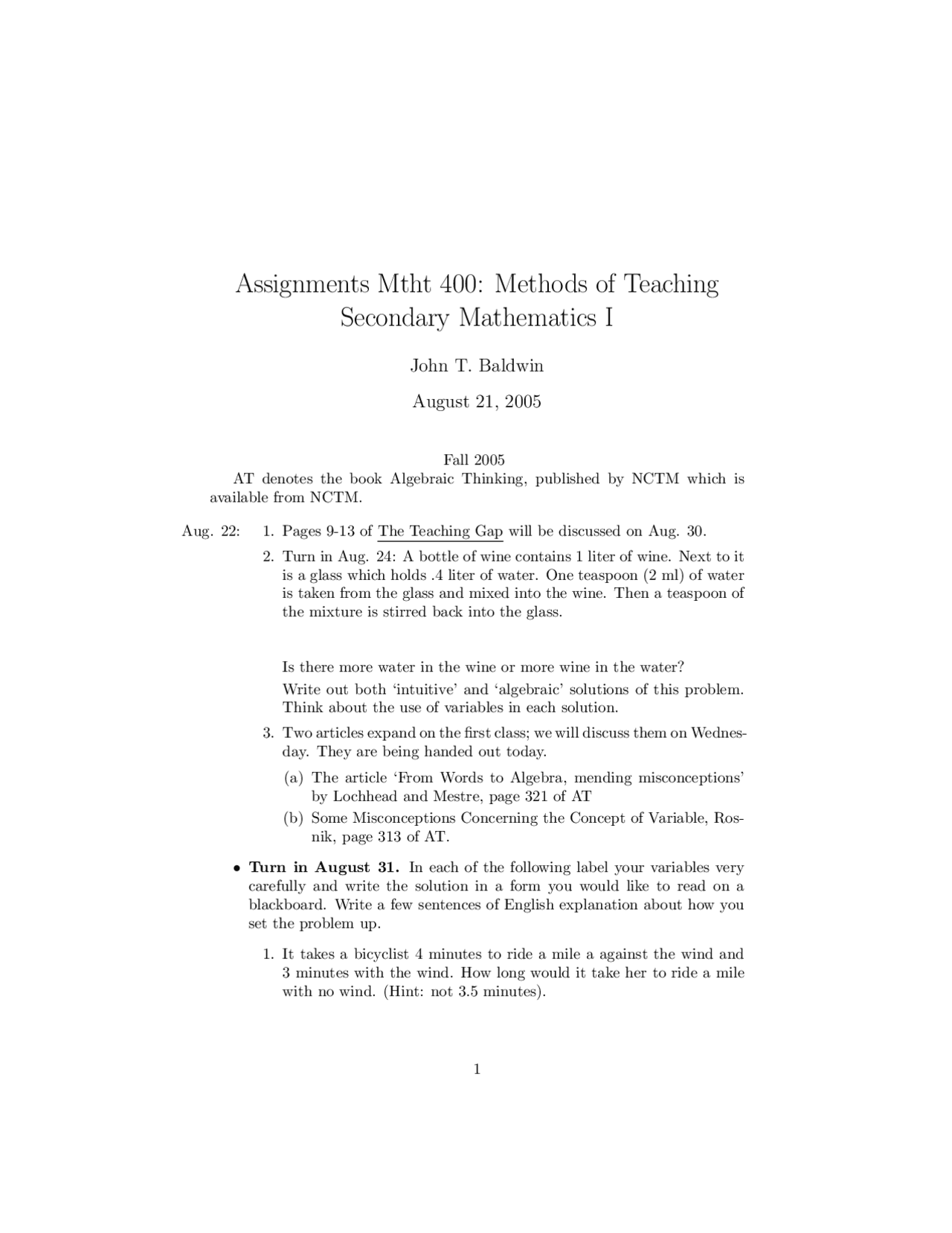 Assignments Methods Of Teaching Secondary Mathematics I Mtht 400