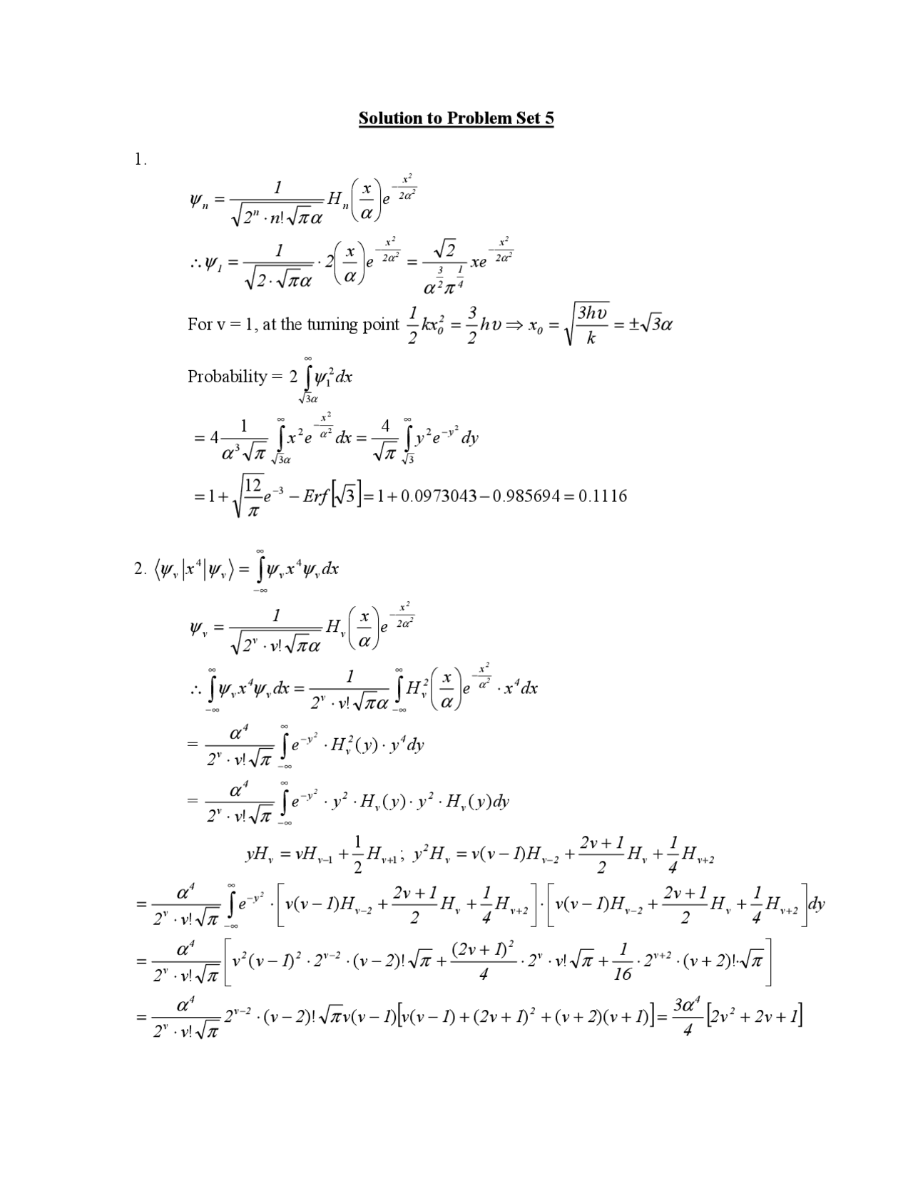 Solution to Problem Set 5 - Quantum Mechanics | CHEM 542 - Docsity