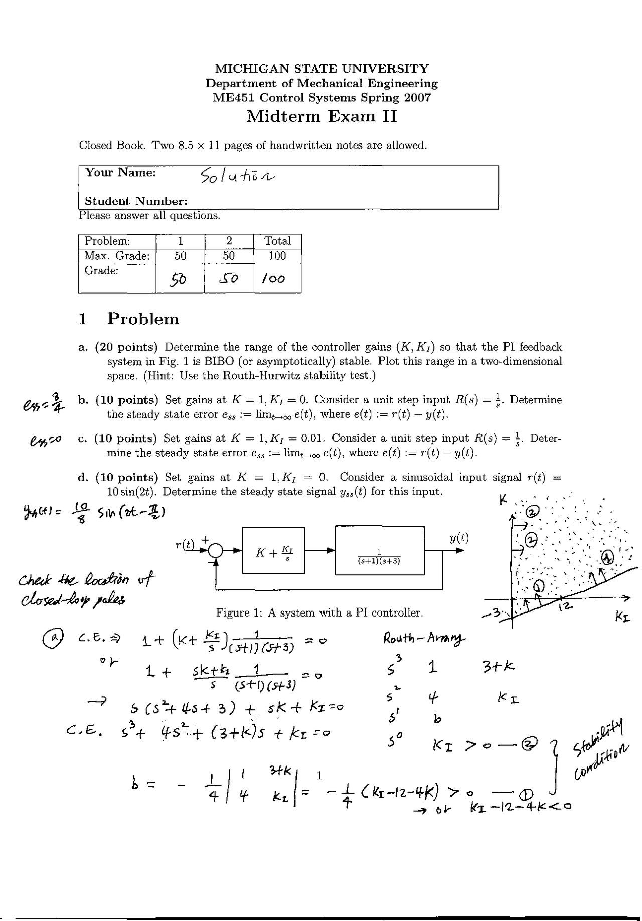 Midterm Exam 2 Solutions Control Systems Me 451 Exams Control