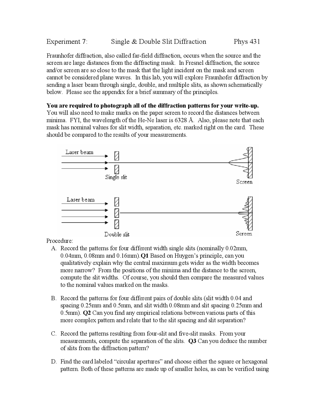 Single And Double Slit Diffraction Laboratory Experiment 7 Phy 431