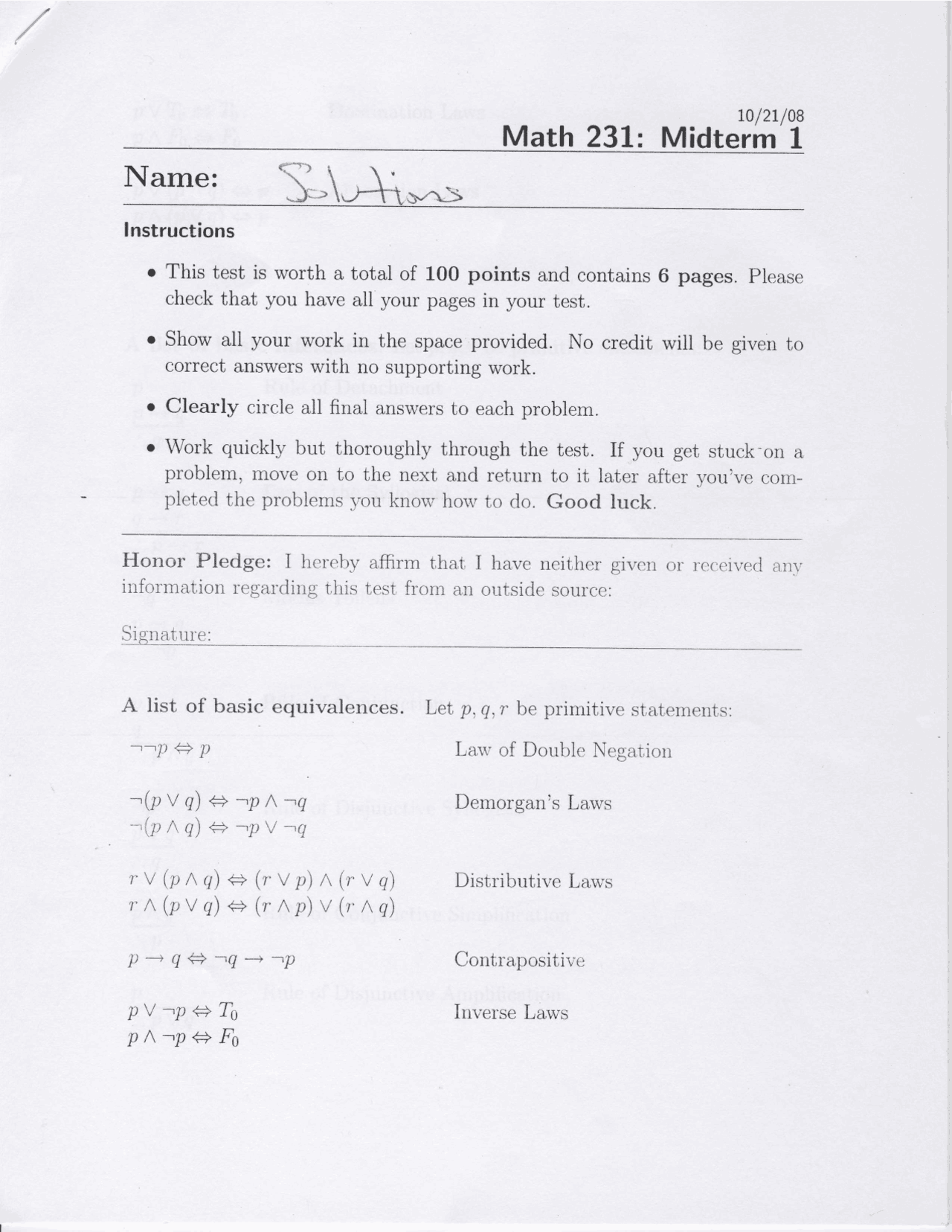 Midterm Exam 1 With Solutions Elementary Discrete Mathematics I