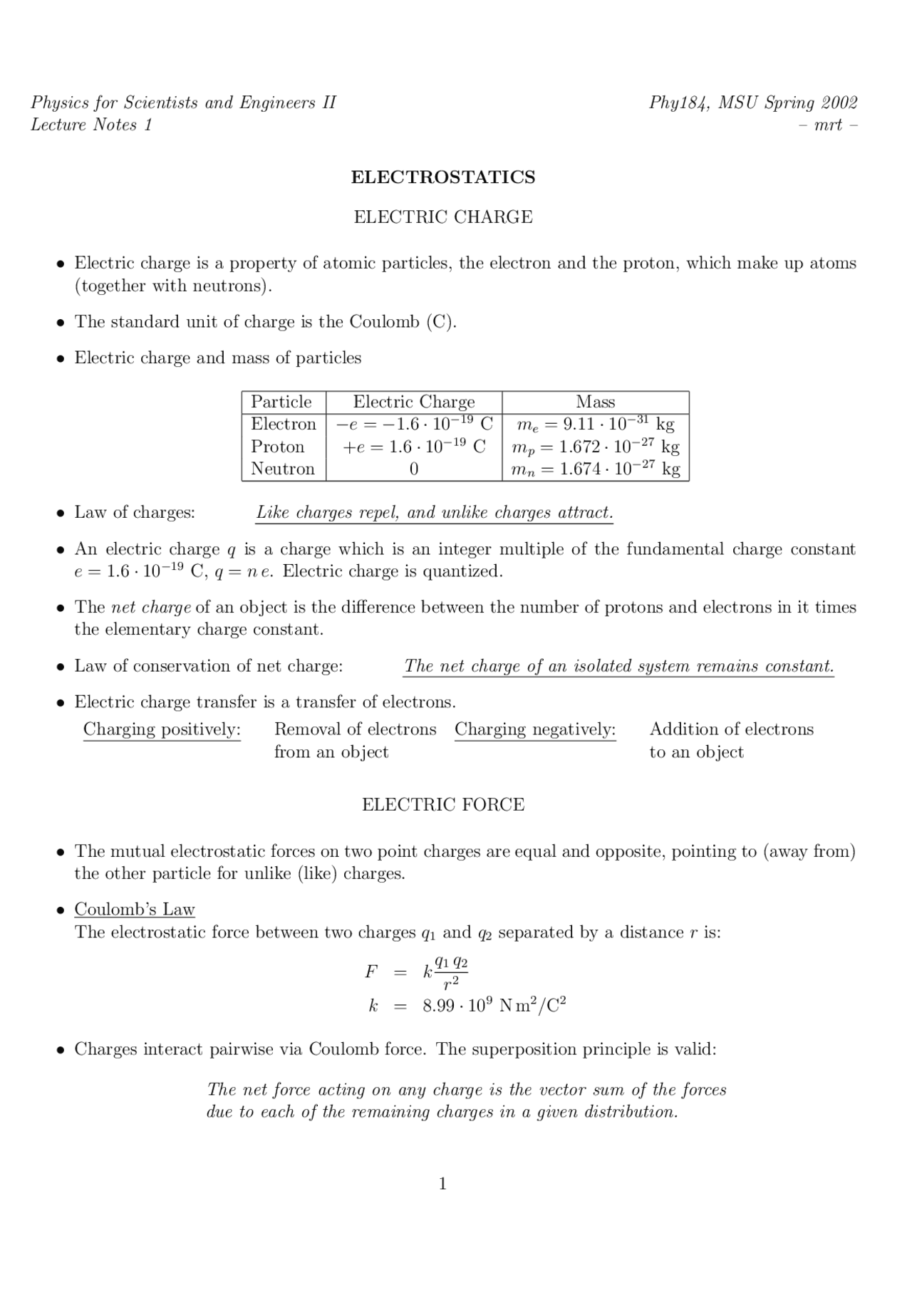 Electrostatics Physics Scientists And Engineers Ii Phy 184 Docsity