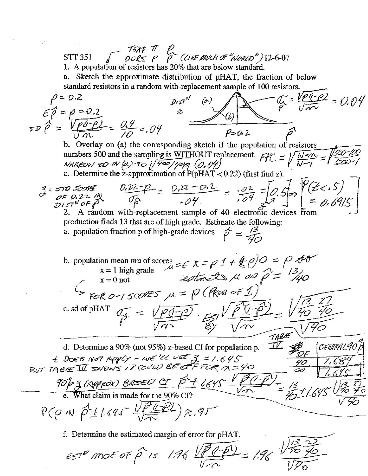 Practice Exam with Answers for Probability and Statistics Engineering | STT 351 - Docsity